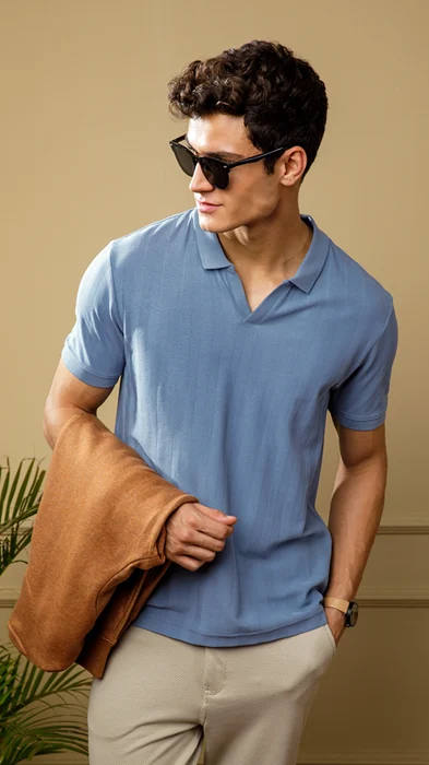 Statement Textured Polo Tshirt For Men Wind Blue | DaMENSCH