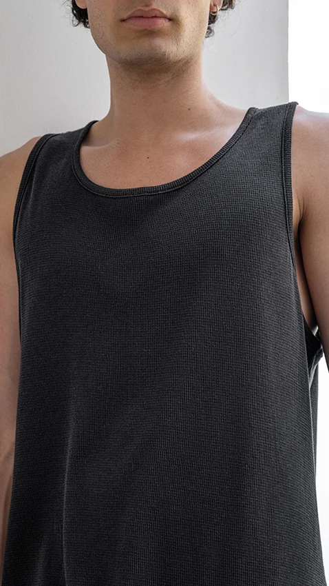 Men Statement Waffle Tank Top Jet Black Online At DaMENSCH