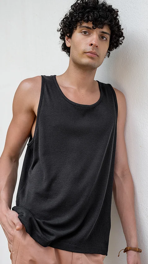 Men Statement Waffle Tank Top Jet Black Online At DaMENSCH