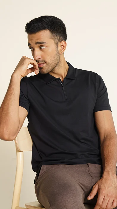Men Zipper Polo T-shirt Online - Jet Black | DaMENSCH